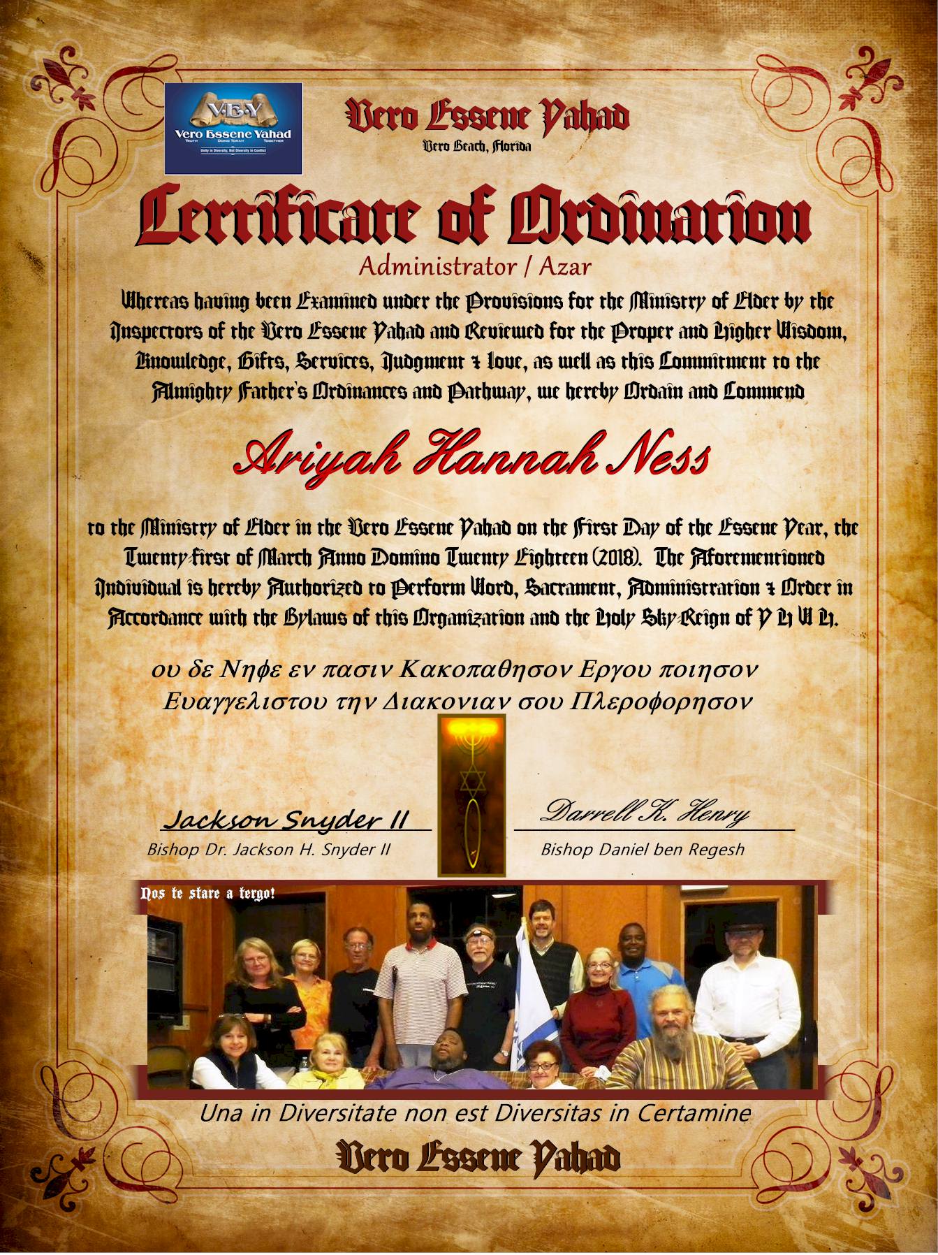 Ariyah Hannah Ness Elder Ordination Certificate 031218 | Hebrew Nation ...